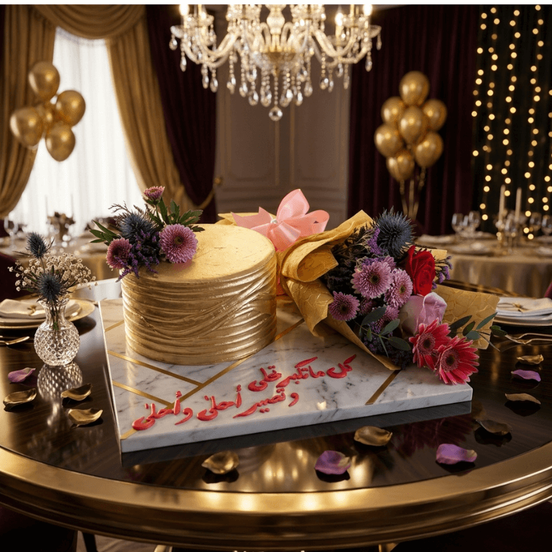 Golden Cake Flower Combo | Premium Celebration Gift